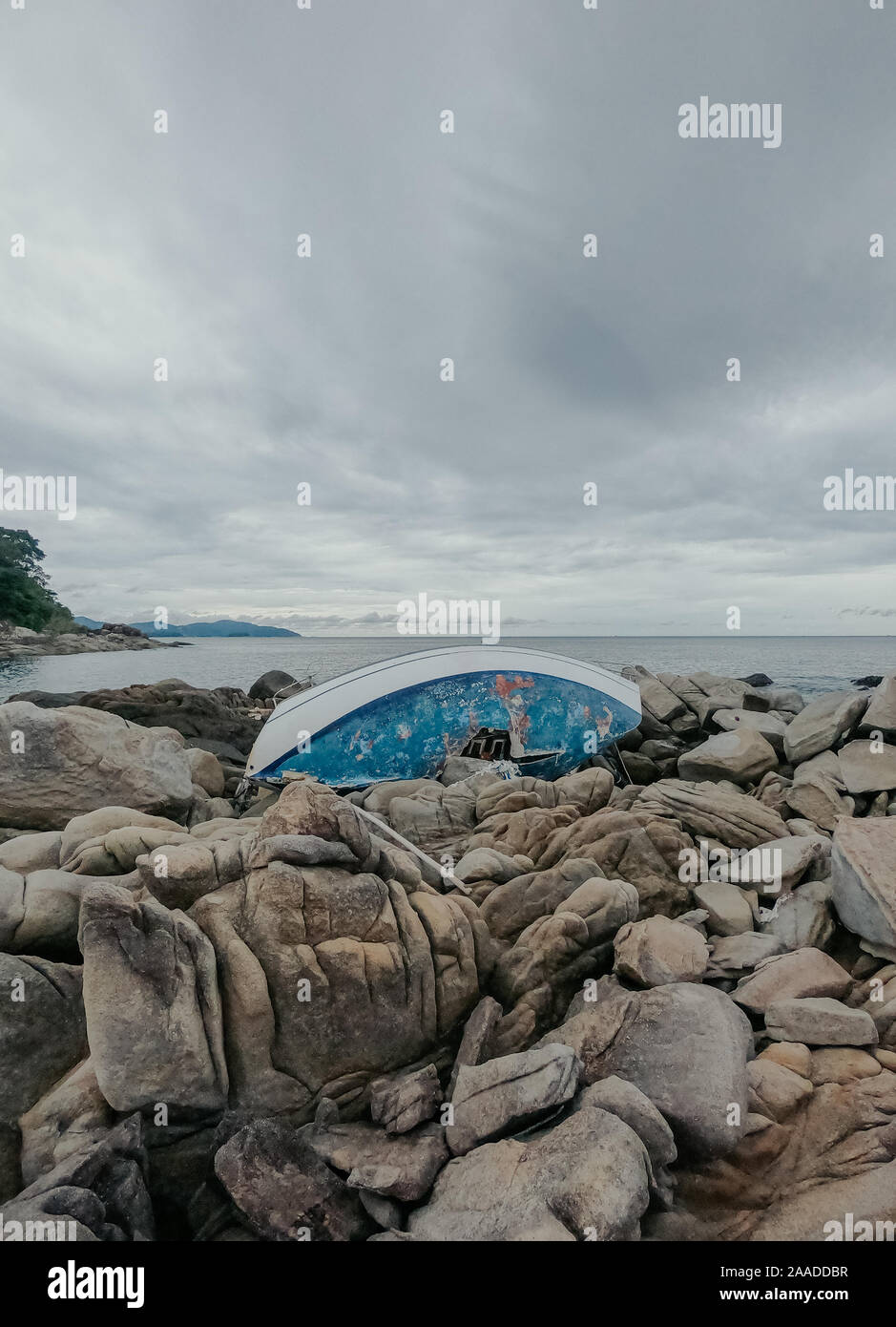 Broken Yacht on the rocks after Storm, Shipwreck sisaster in the sea ...