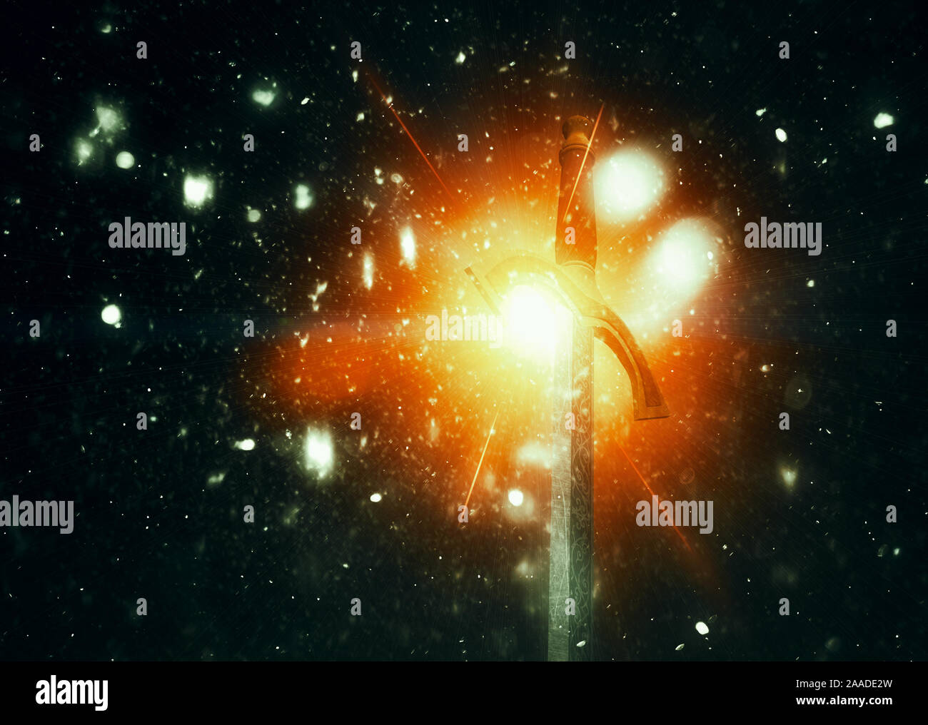 Medieval weapon 3d rendered sword surrounded by the falling snow ...