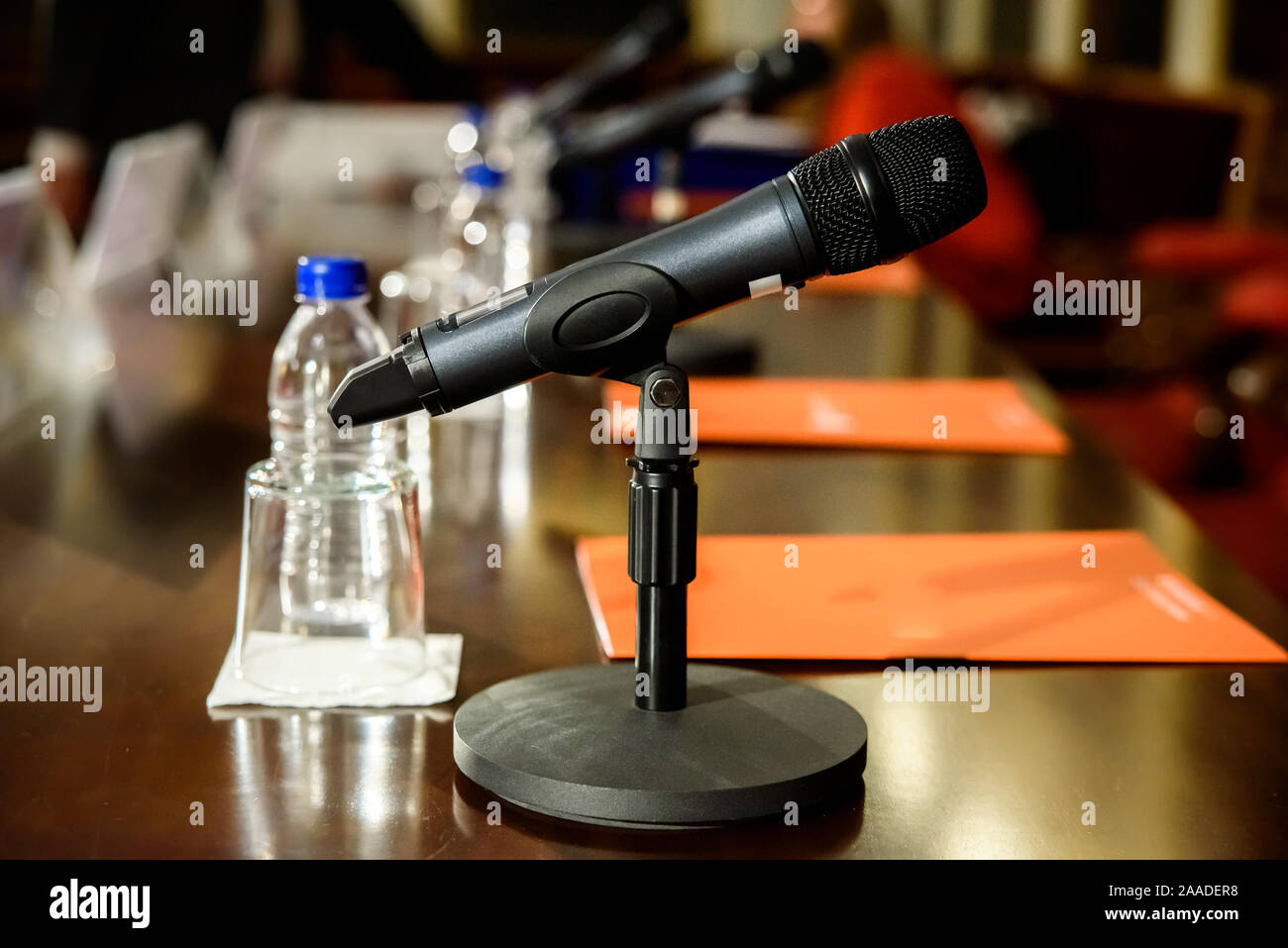 Microphone in conference room to communicate to the audience a business ...
