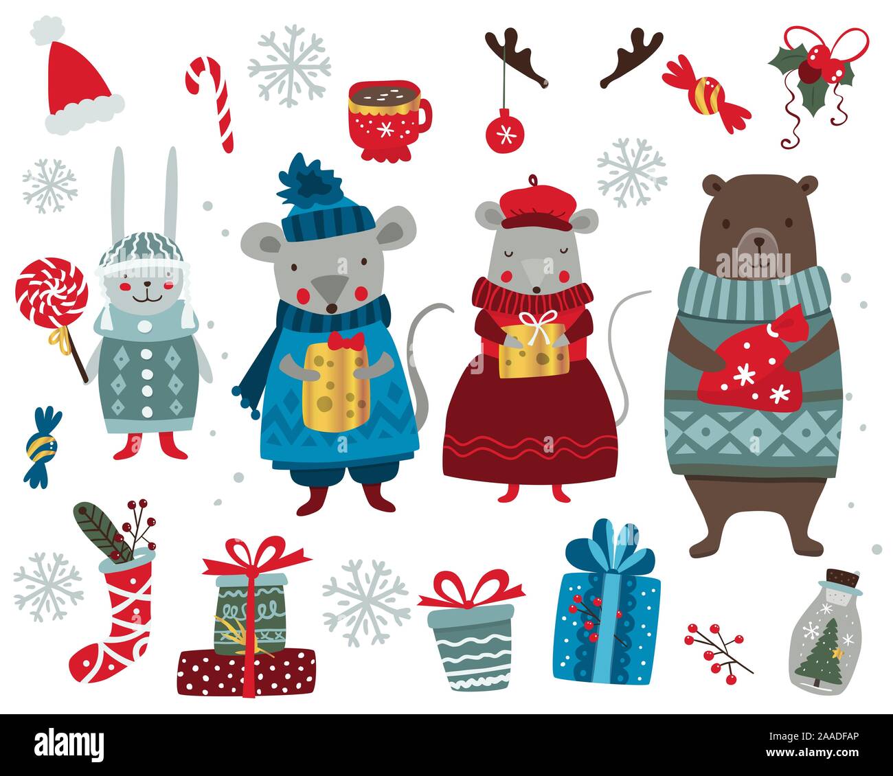 Christmas set with mouses, bear, rabbit and decoration. Vector ...