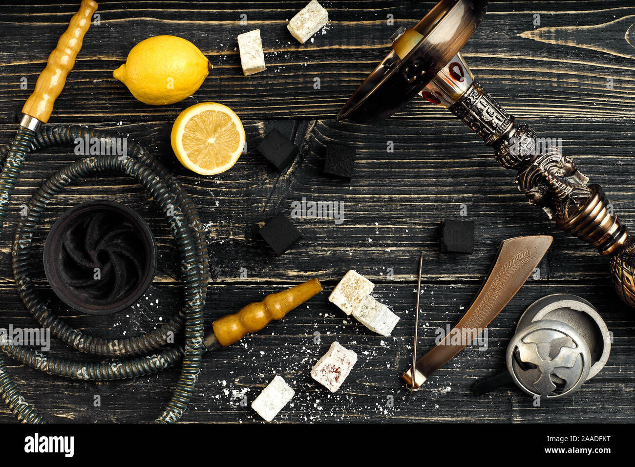 Arabic hookah with a tobacco flavor of a mixture of lemon. Top view of ...