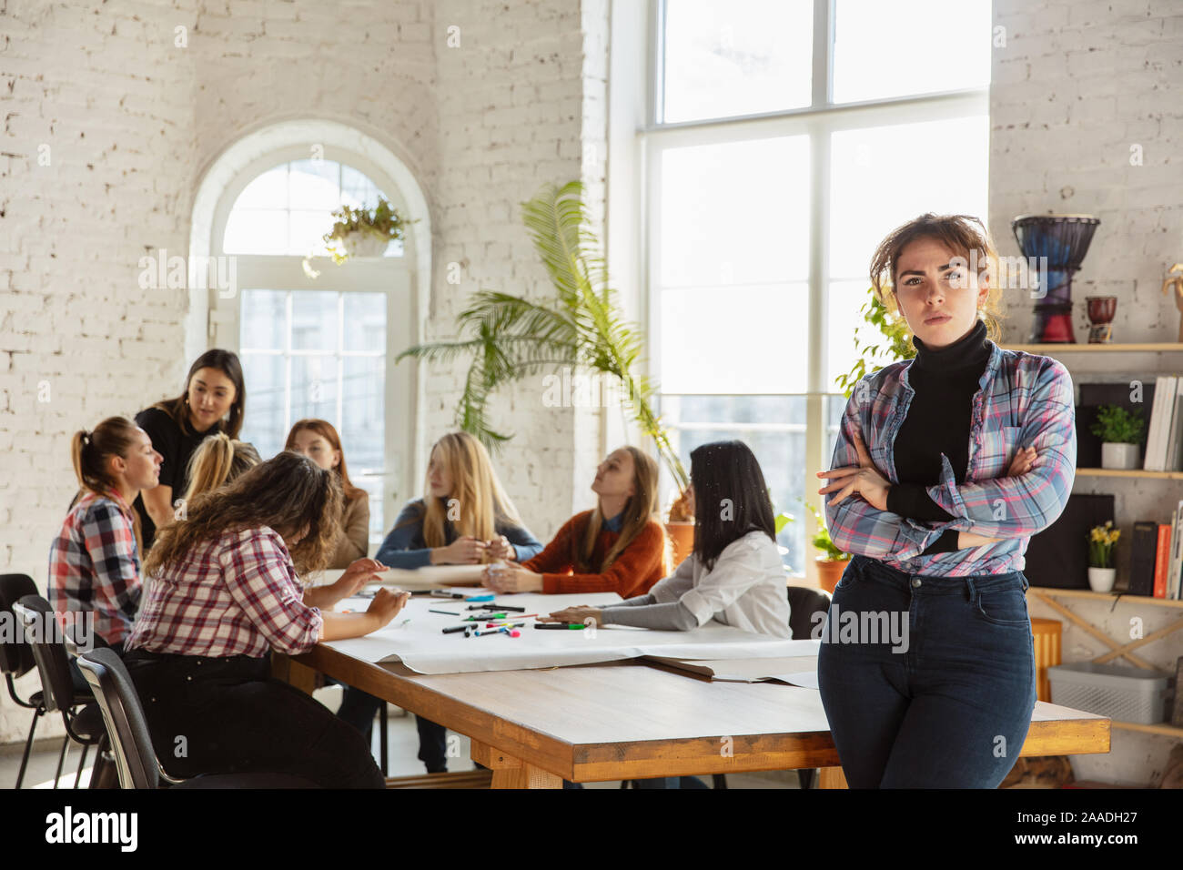 Women's rights and equality at the office. Caucasian businesswomen or ...
