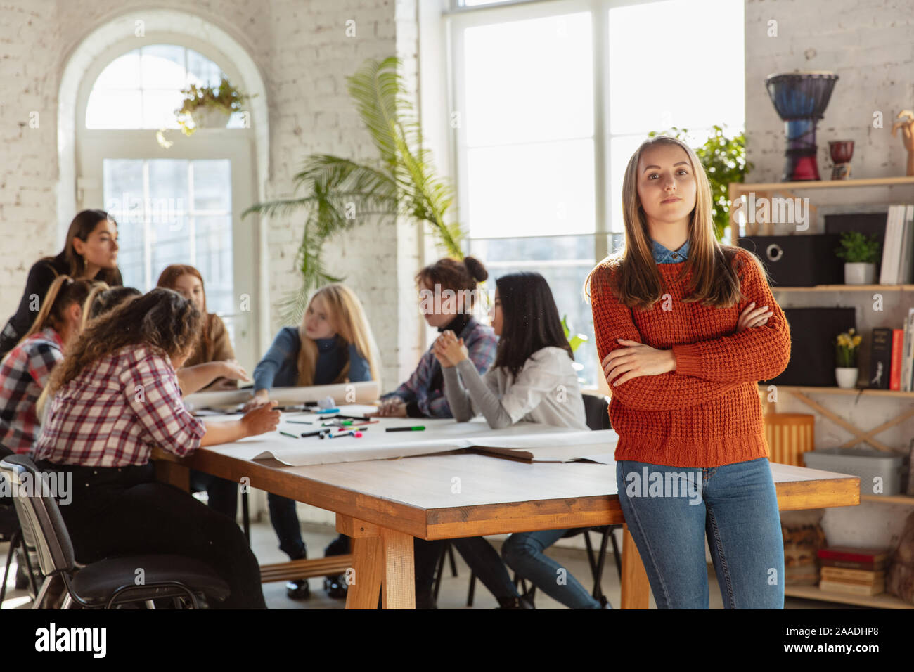 Women's rights and equality at the office. Caucasian businesswomen or ...