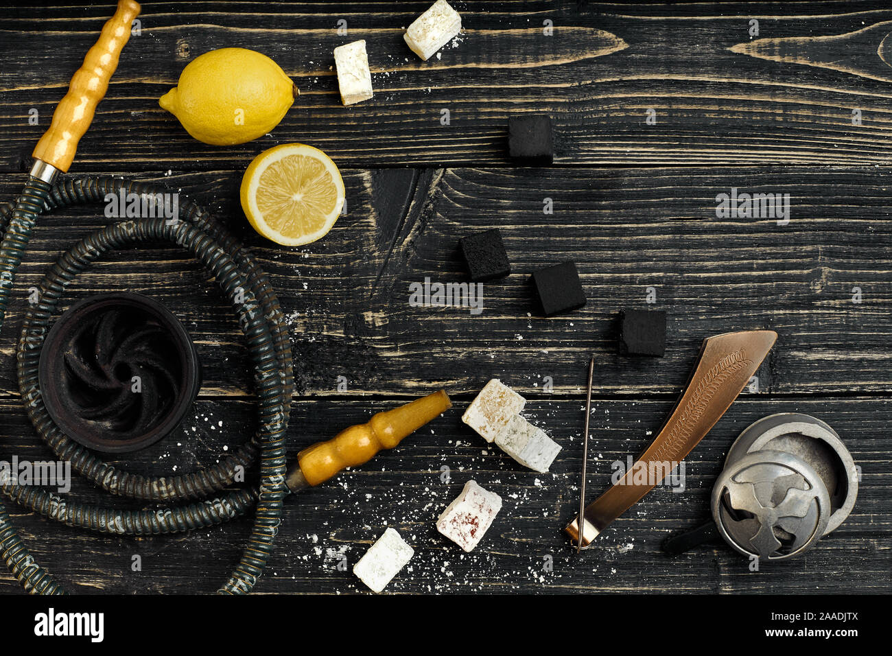 Arabic hookah with a tobacco flavor of a mixture of lemon. Top view of ...