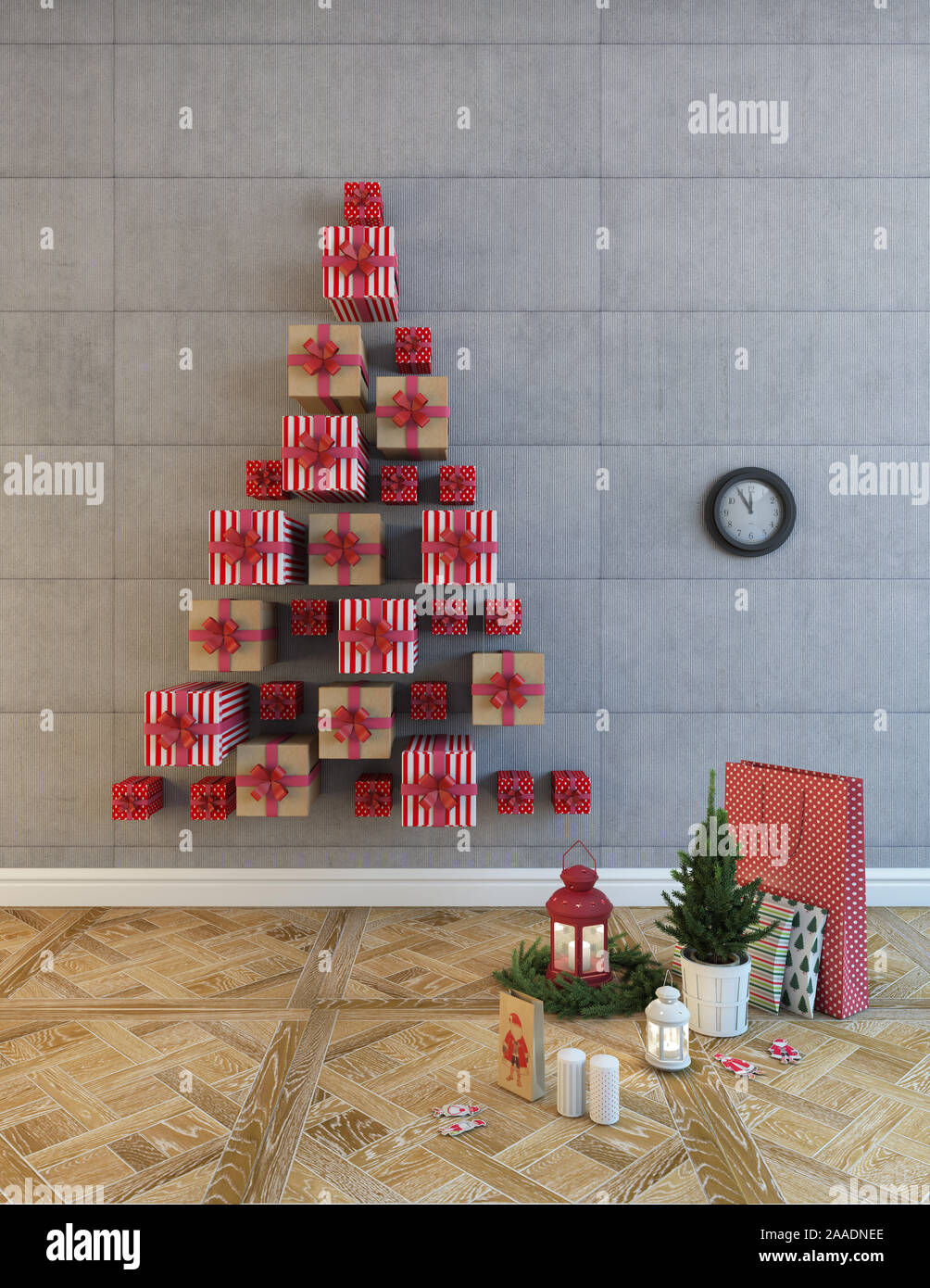 Christmas Boxes Tree On A Grey Wall Stock Photo - Alamy