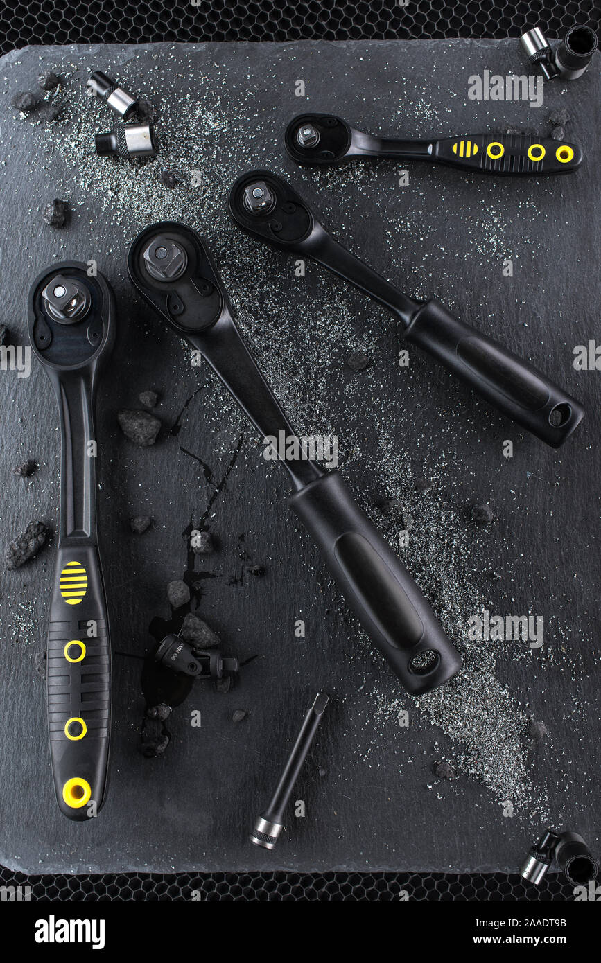 Professional ratchet tools placed on a black background, Wrench Tool ...