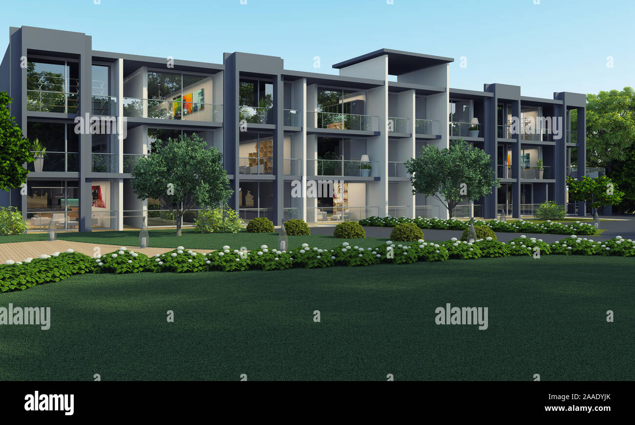 modern buildings with green grass and flowers Stock Photo - Alamy