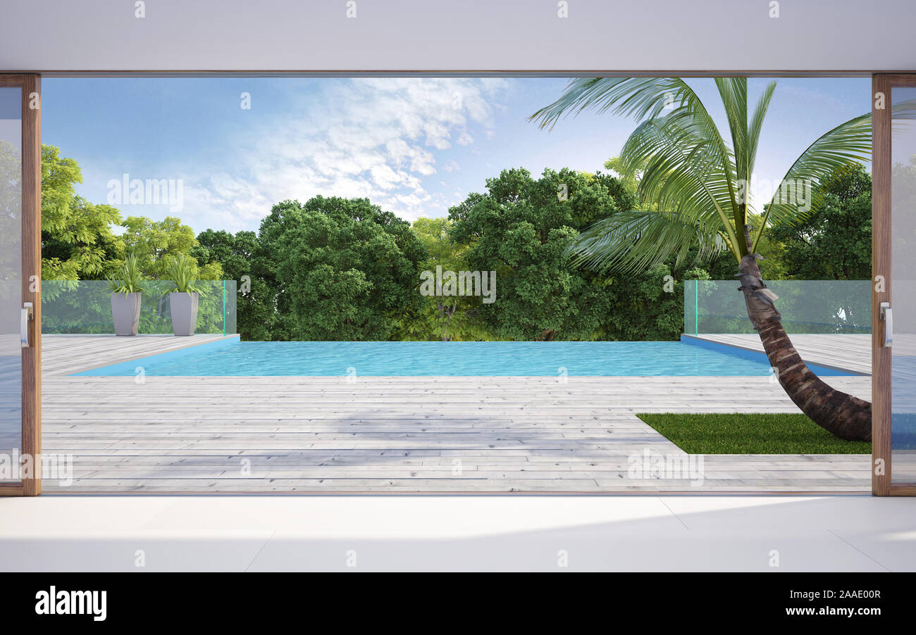 terrace near swiming pool with trees Stock Photo - Alamy