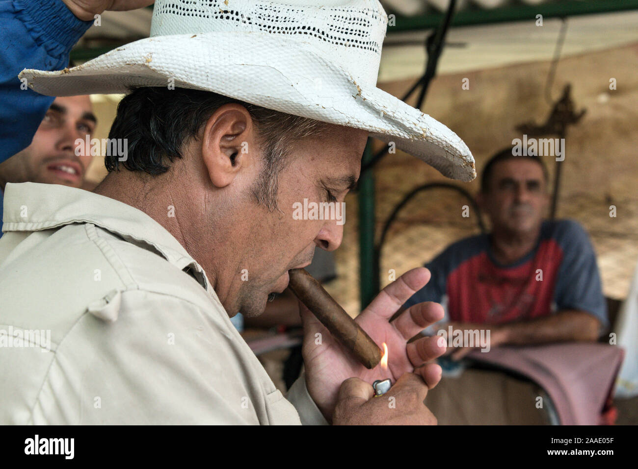 A Cuban farmer wearing a traditional Cuban hat, lights his hand rolled ...