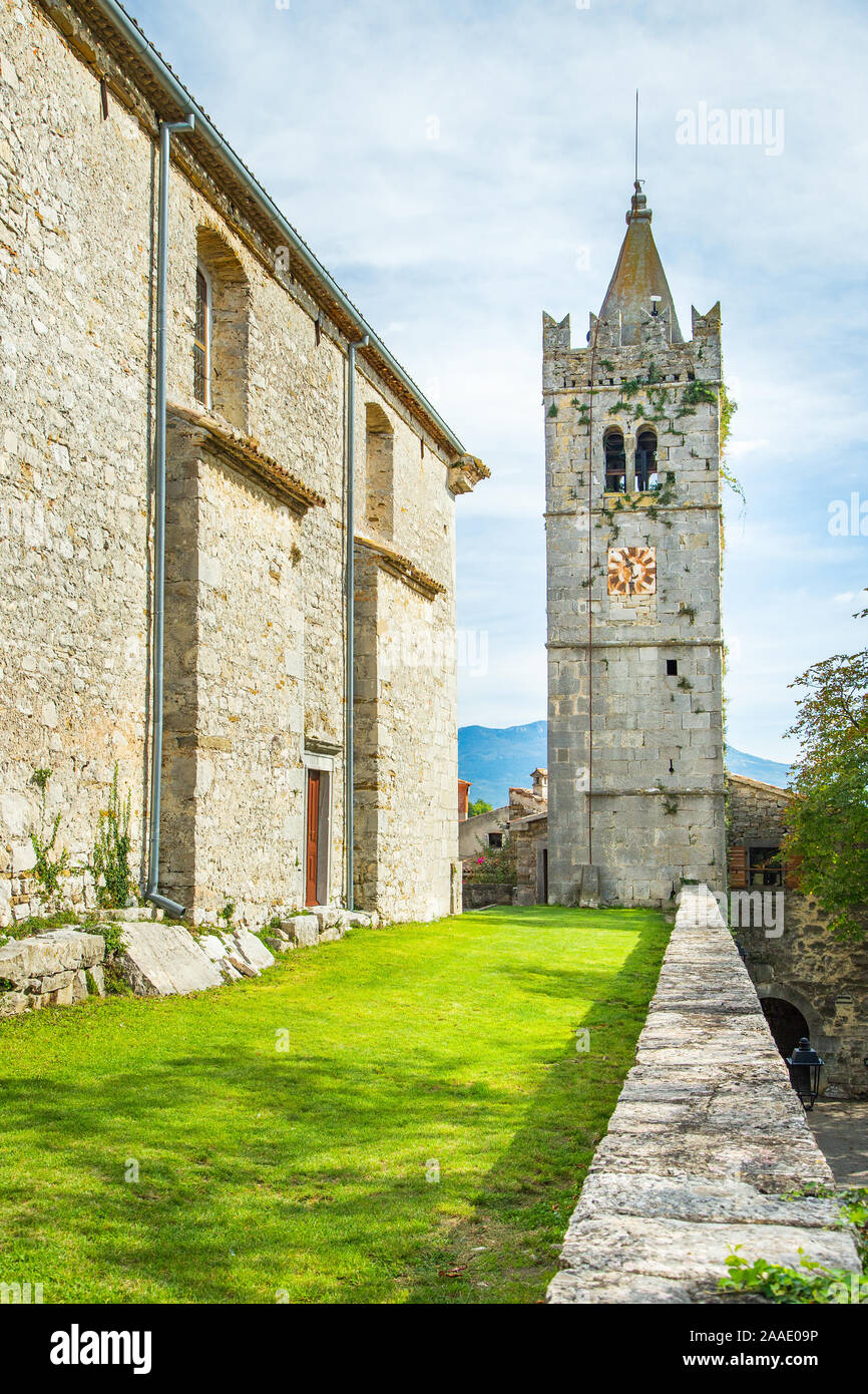 Beautiful old town of Hum on the hill in Istria, Croatia, monastery and ...