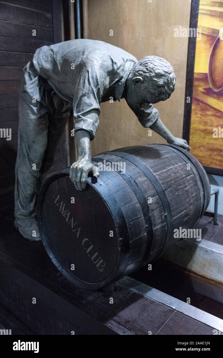 A model of a worker rolling a barrel of rum on display at the Museo del ...