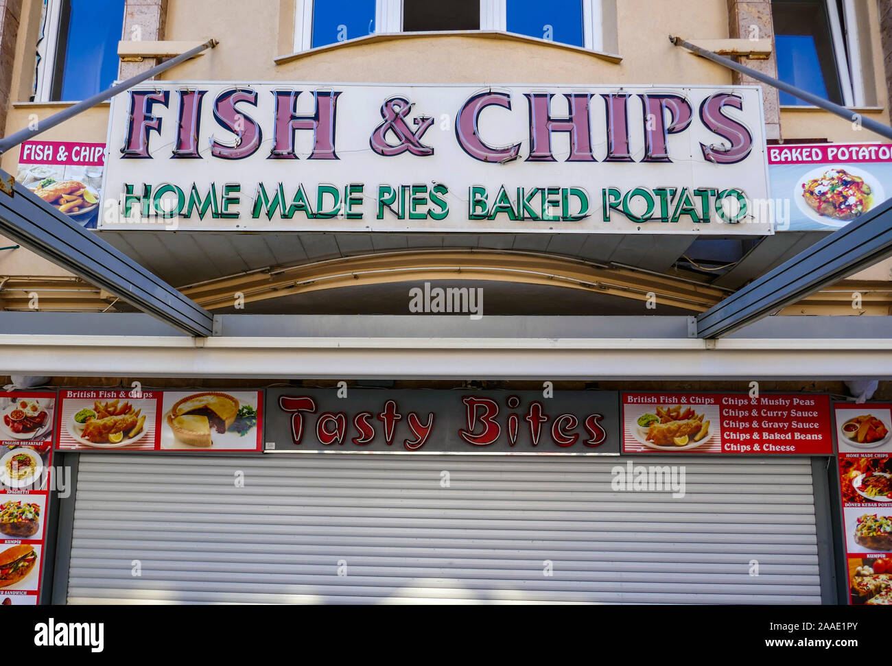 Fish and chip shop sign in Marmaris, holiday resort, Mugla, Turkey ...