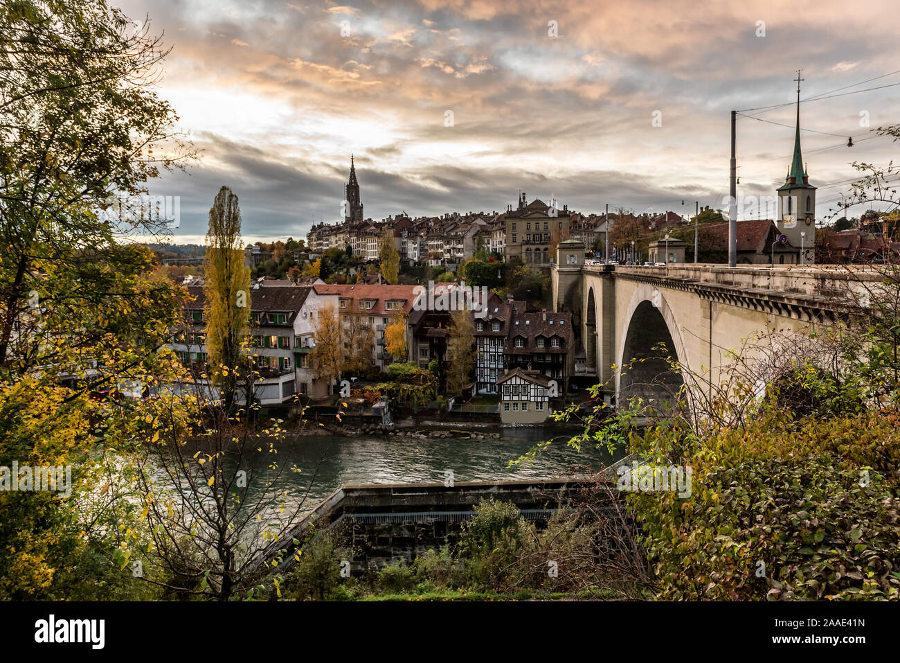 Panoramic view of the Bern old town with the Aare river flowing around ...