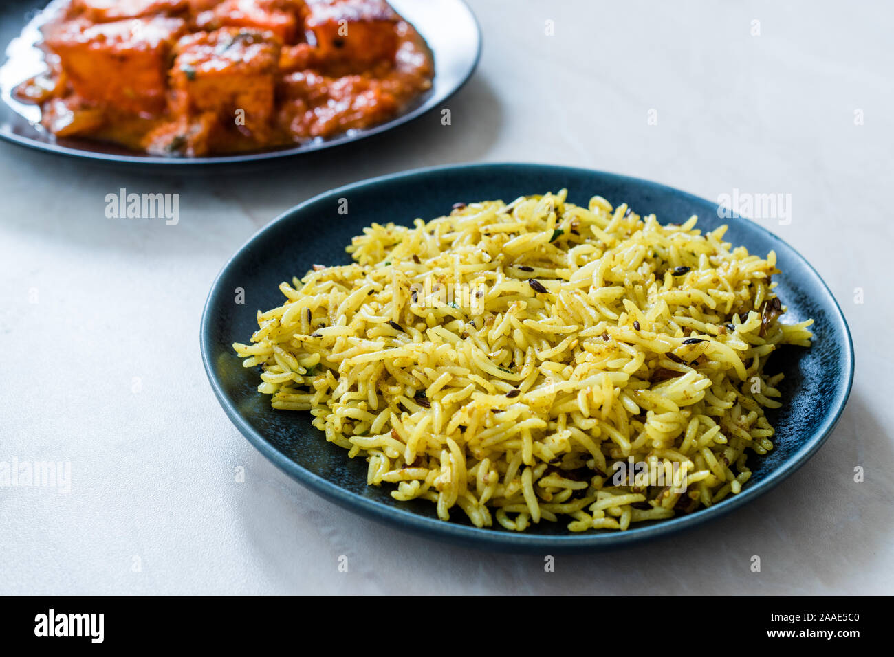 Indian Food Jeera Zira Rice Basmati Pilaf or Pilav with Paneer Butter ...