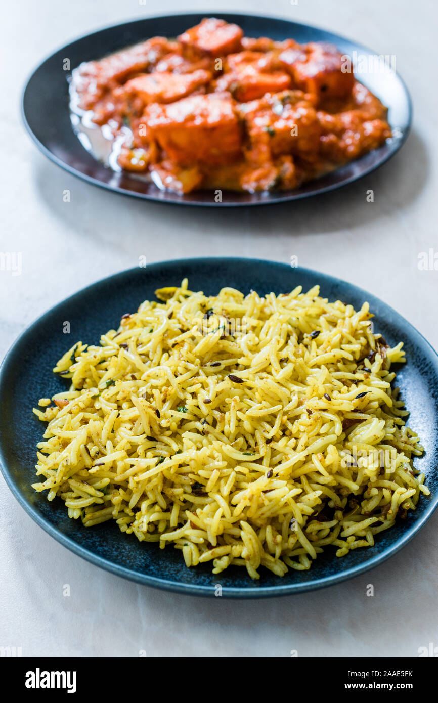 Indian Food Jeera Zira Rice Basmati Pilaf or Pilav with Paneer Butter ...