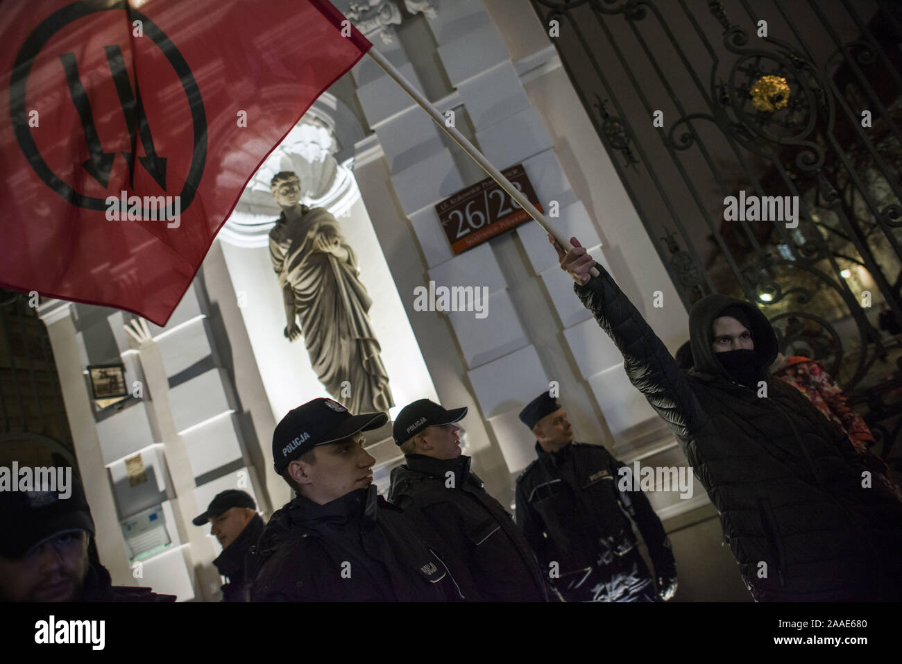 Warsaw, Mazowieckie, Poland. 20th Nov, 2019. An anti-fascist activist ...