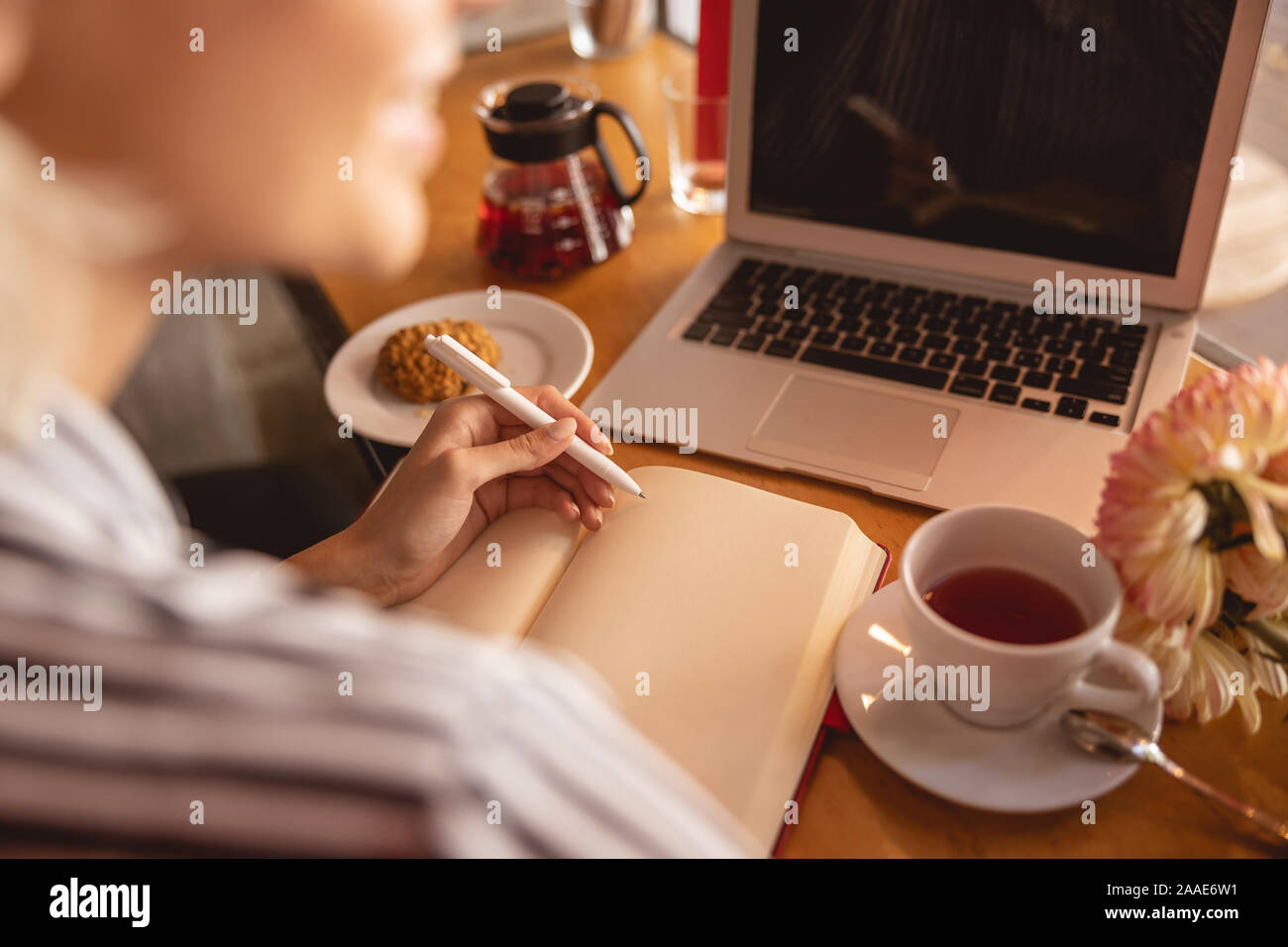 Woman being in process of writing her book Stock Photo - Alamy