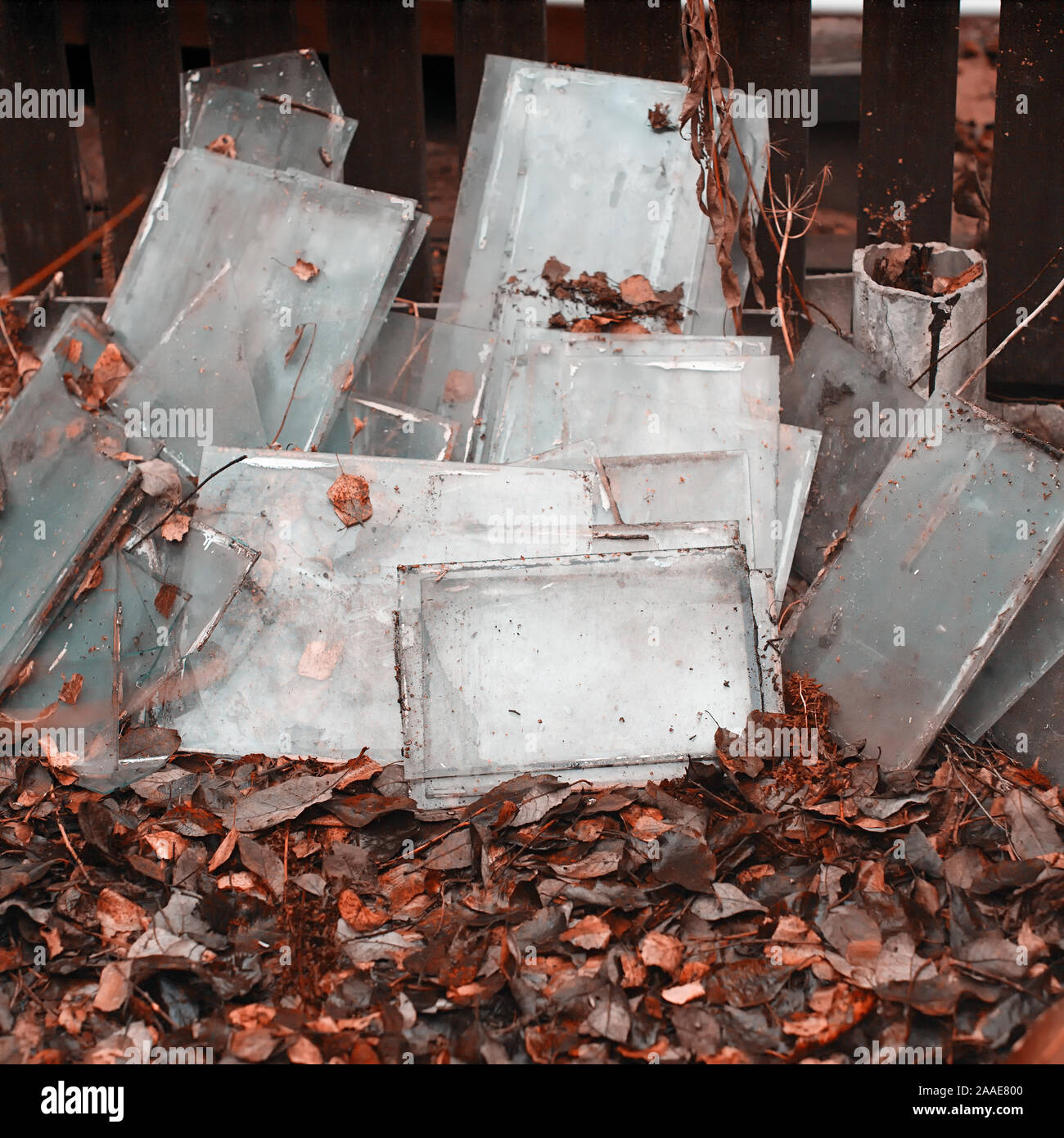 Stack of abandoned broken glass, outdoor shot, square composition Stock ...