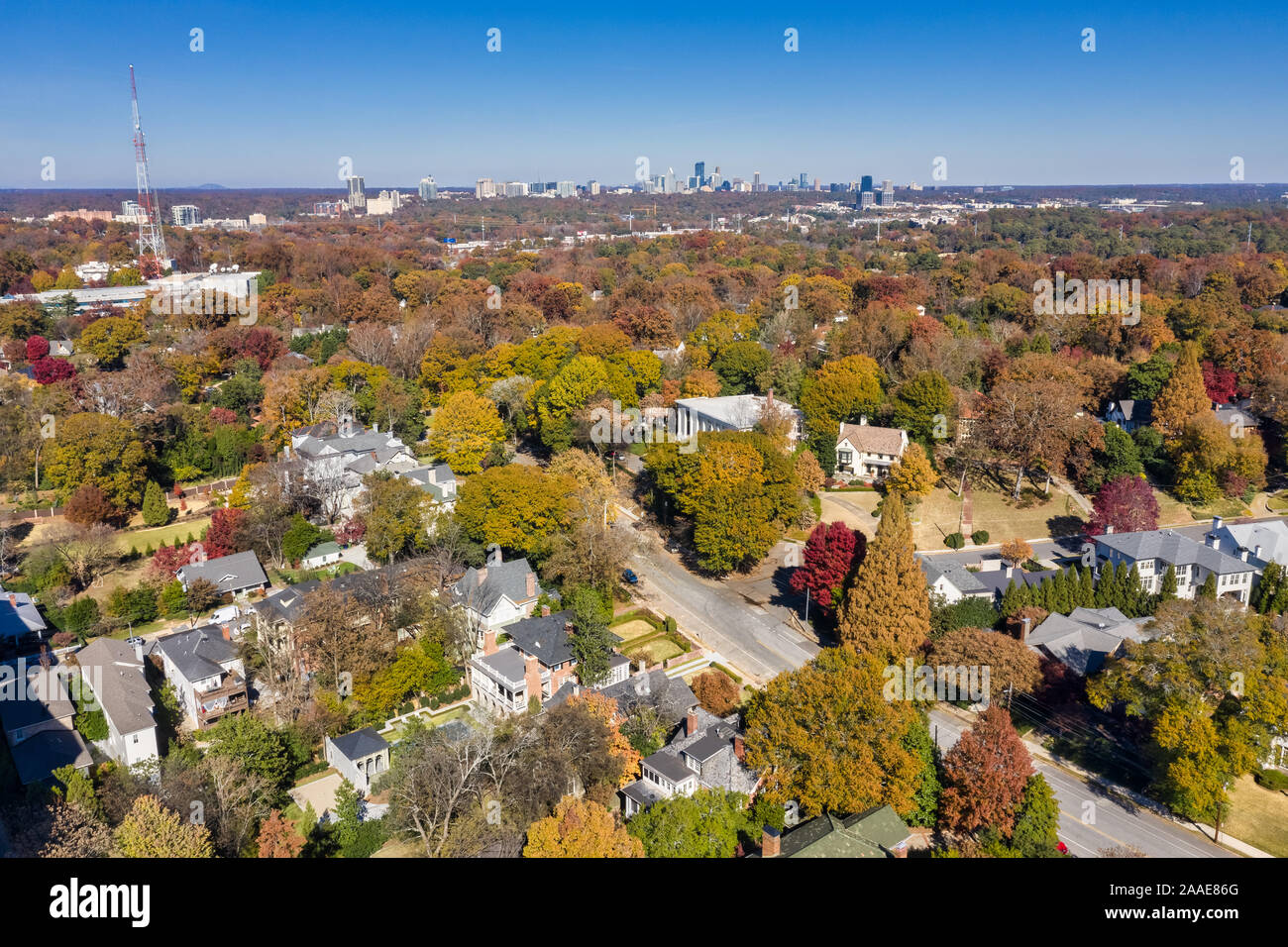 Aerial picture of houses in Midtown Atlanta during the fall with ...