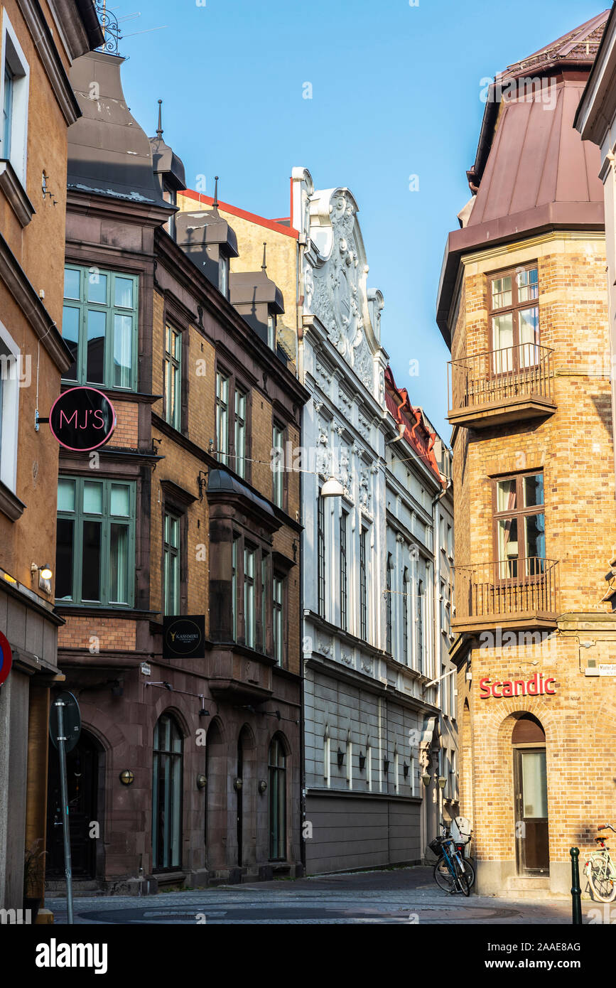 Malmo, Sweden - August 28, 2019: Street with many shops in the old town ...