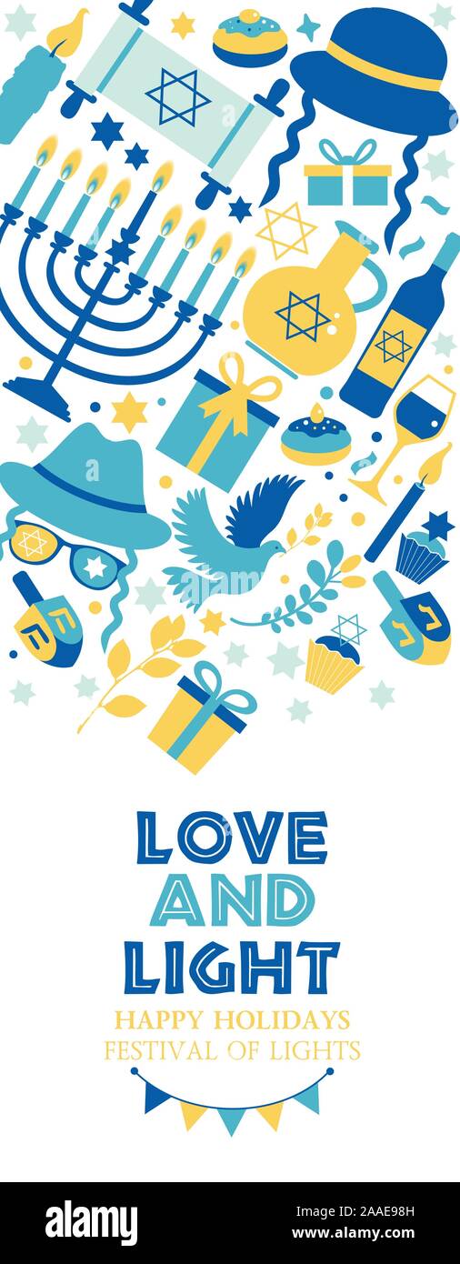 Jewish holiday Hanukkah greeting card traditional Chanukah symbols ...