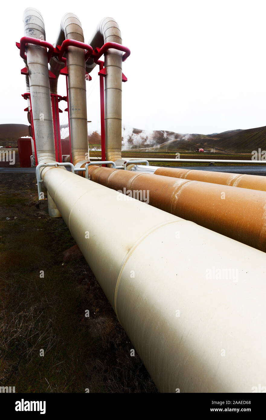 Pipework at Krafla geothermal power plant near Myvatn in north east ...