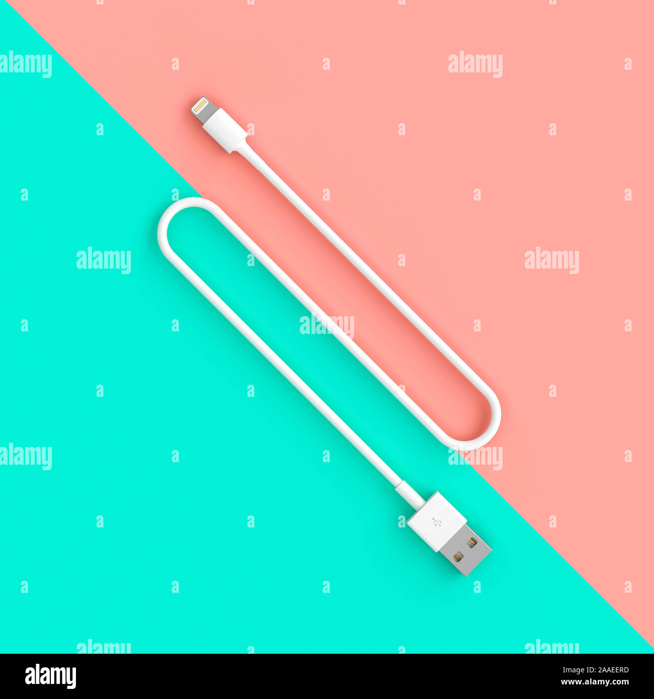 white usb cable on two-color background in flat lay style. 3d render ...