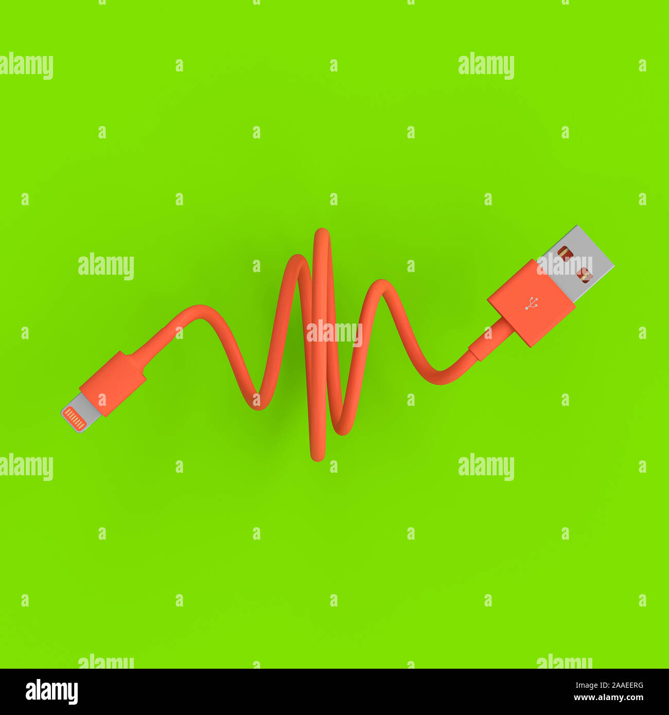 coral-colored usb connection cable on a green background. 3d render ...