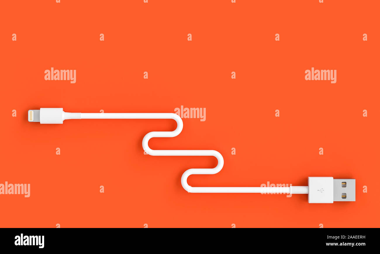 3d render image of a usb cable on a coral-colored background in a flat ...