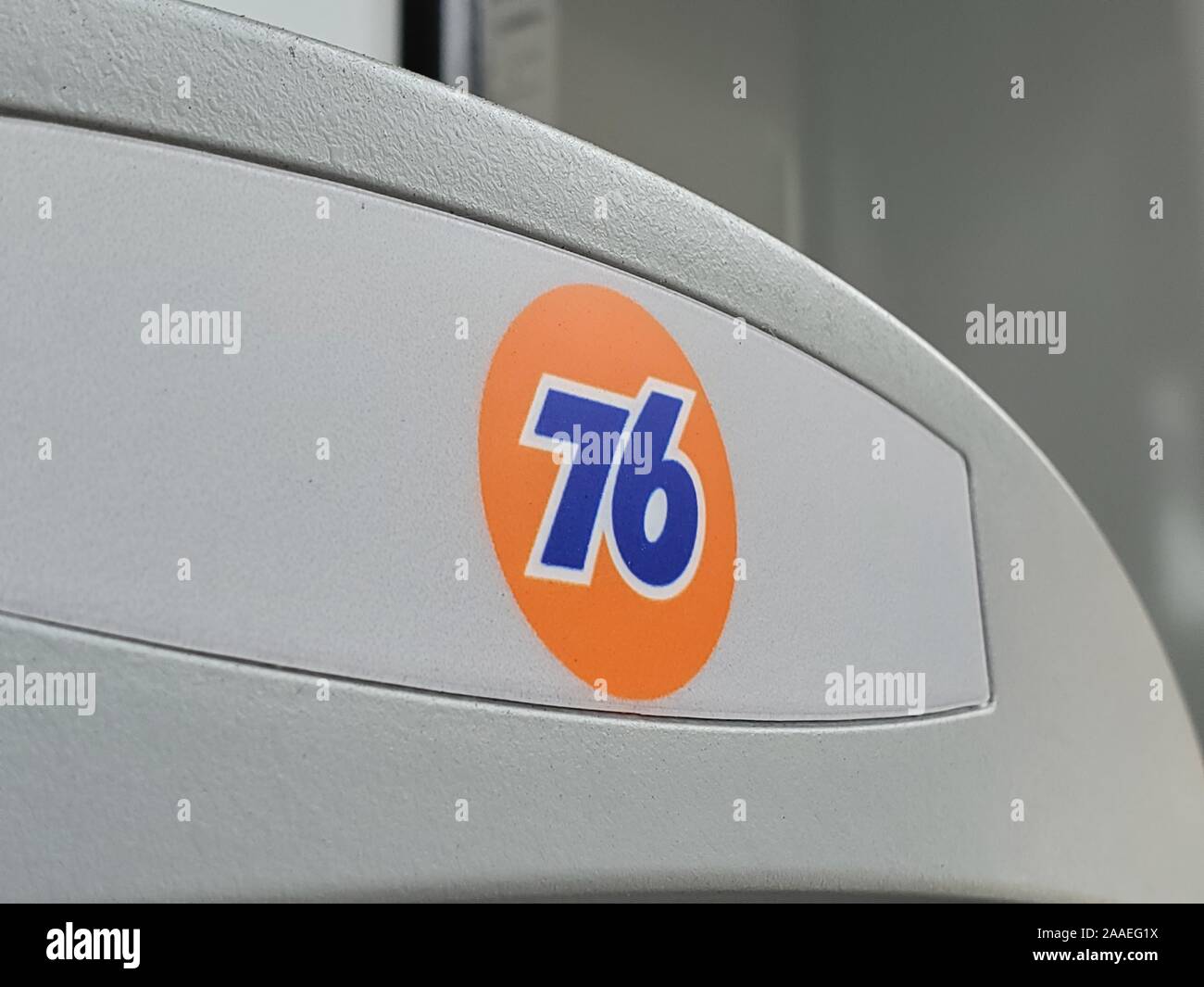 Close-up of logo for petroleum company 76, a division of Philips 66 ...