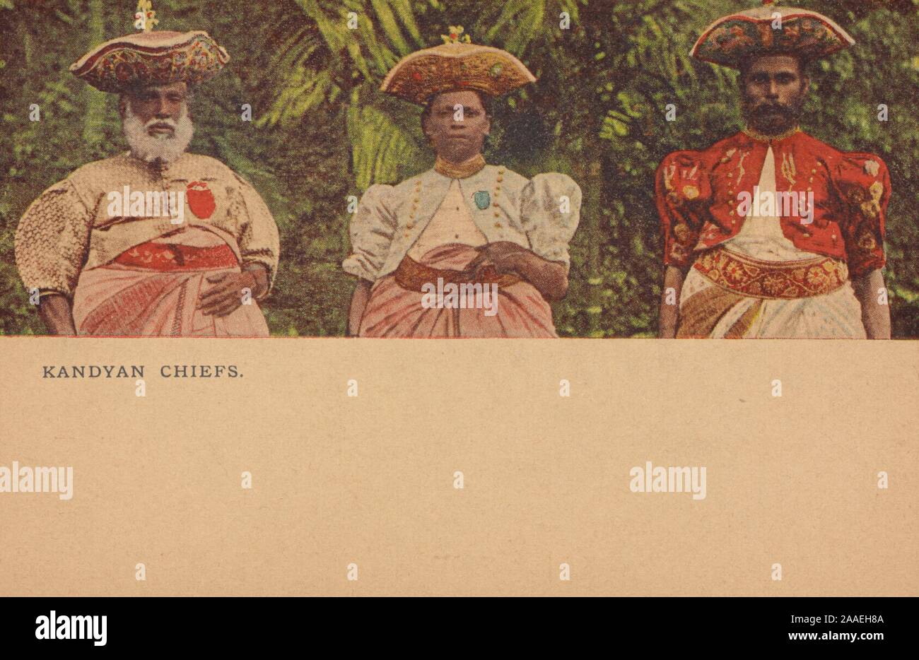 An illustrated postcard of three Kandyan tribal chiefs wearing ...