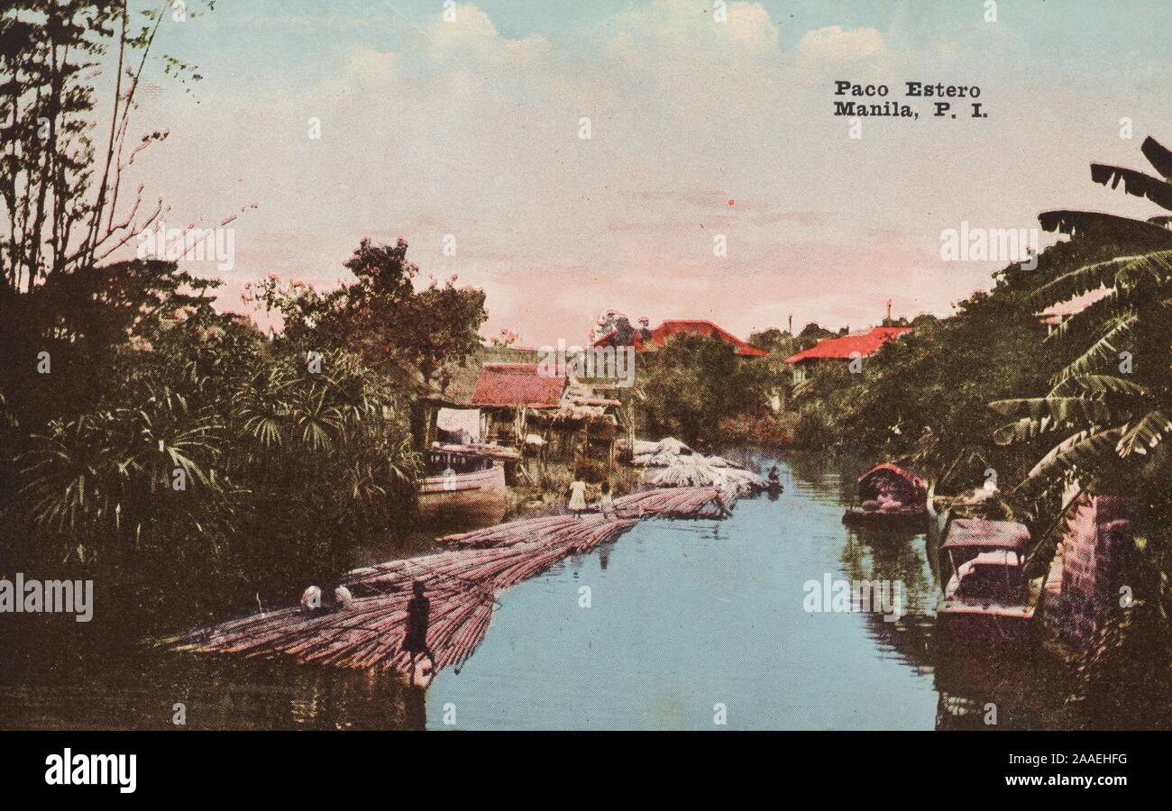 Illustrated postcard of log rafts in Paco Estero, an estuary of the ...