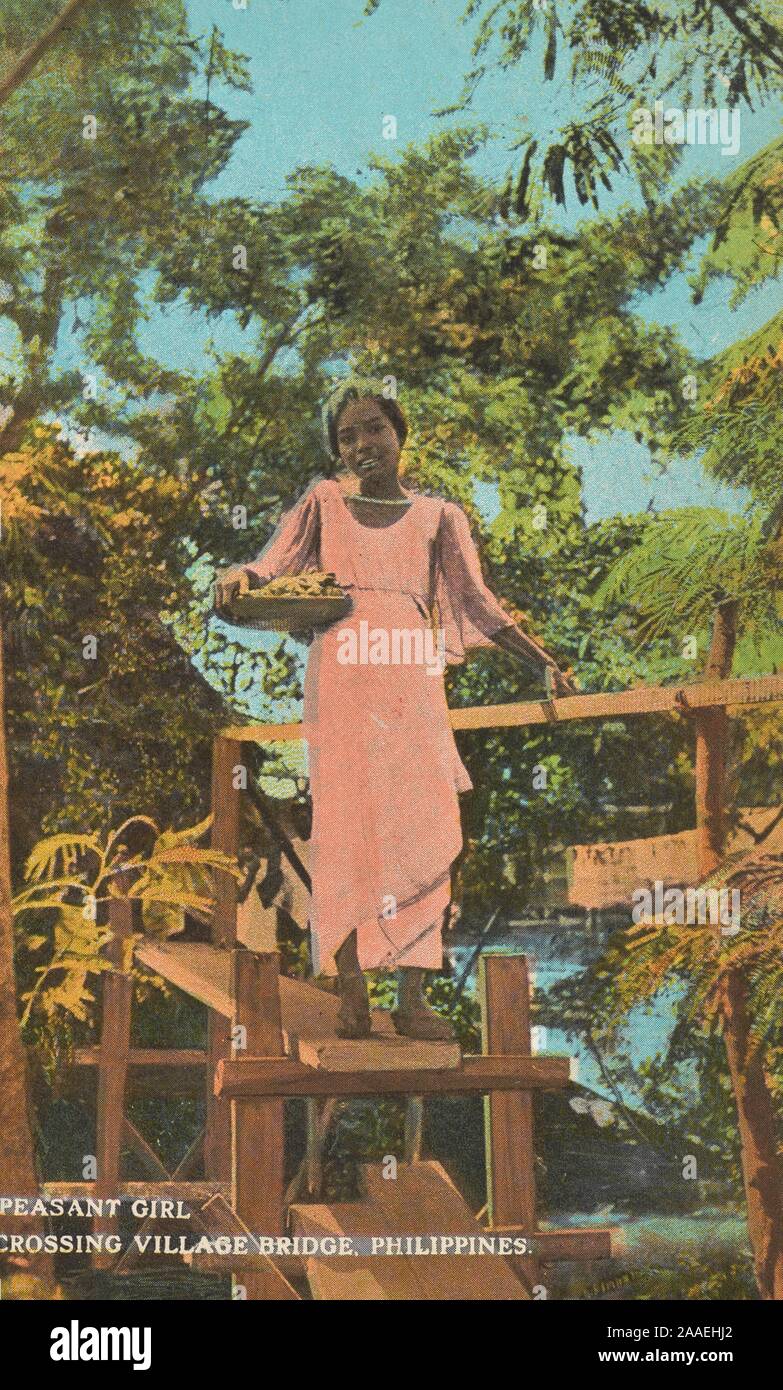 Illustrated postcard of a Filipino peasant girl carrying a basket of ...