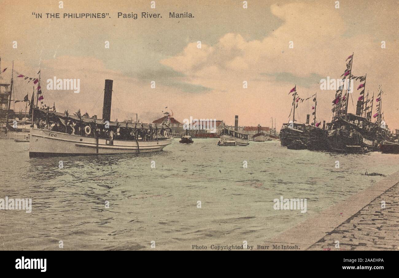 Illustrated photograph of steamboats in Pasig River, Manila, Luzon ...