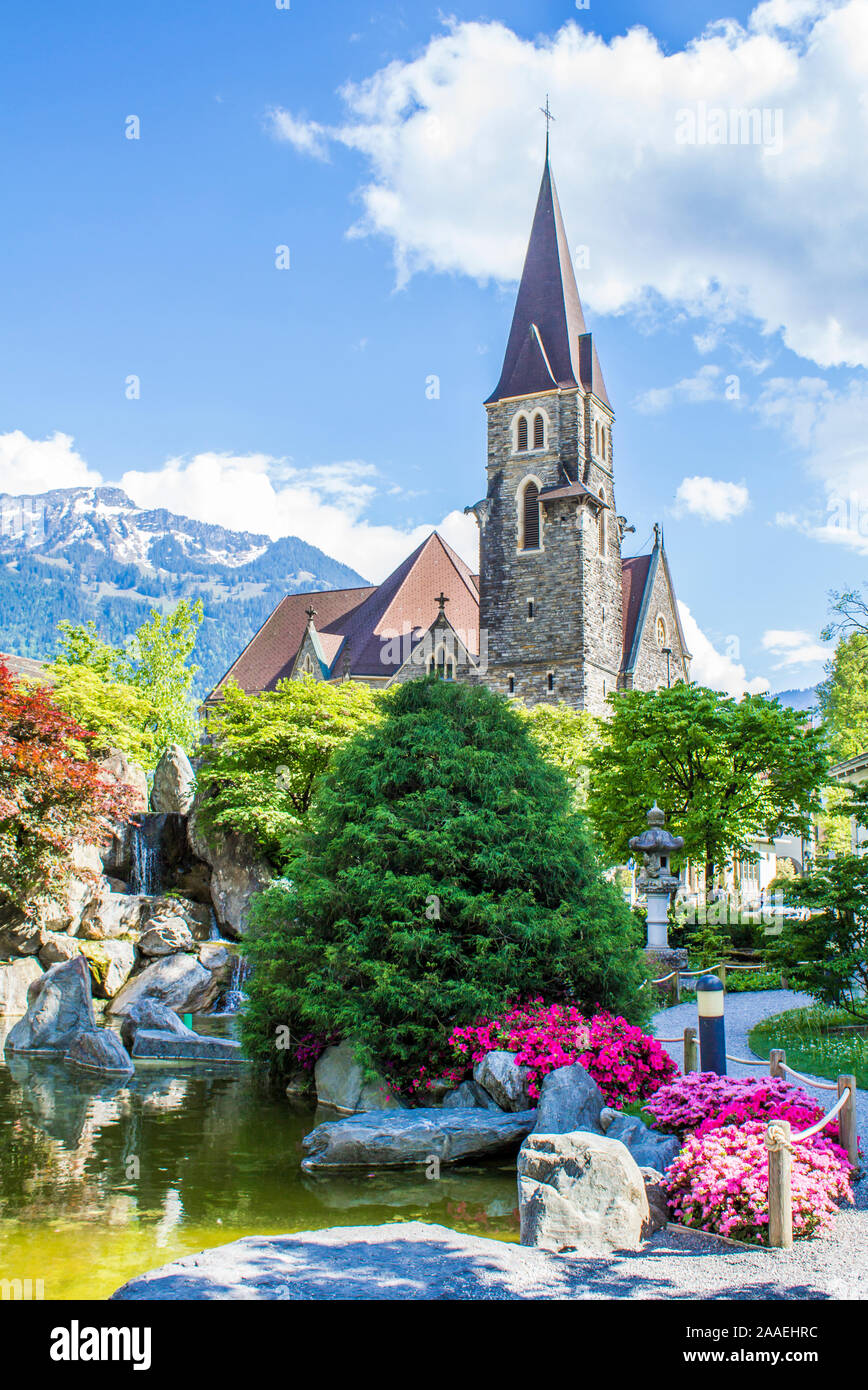Japanese Garden of Friendship in Interlaken. View of the Church of the ...