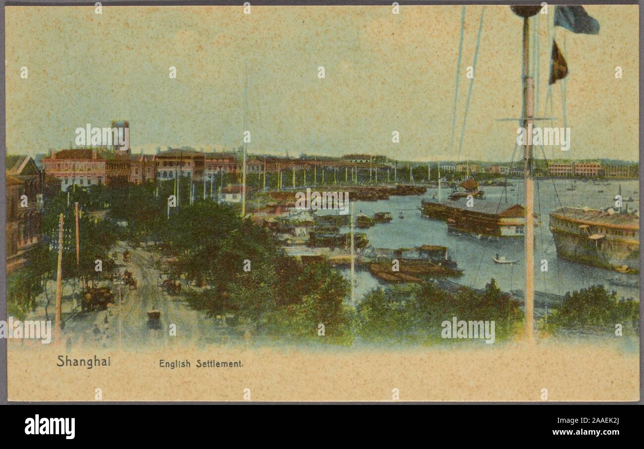 Illustrated postcard of an aerial view of the harbor and the bund at ...