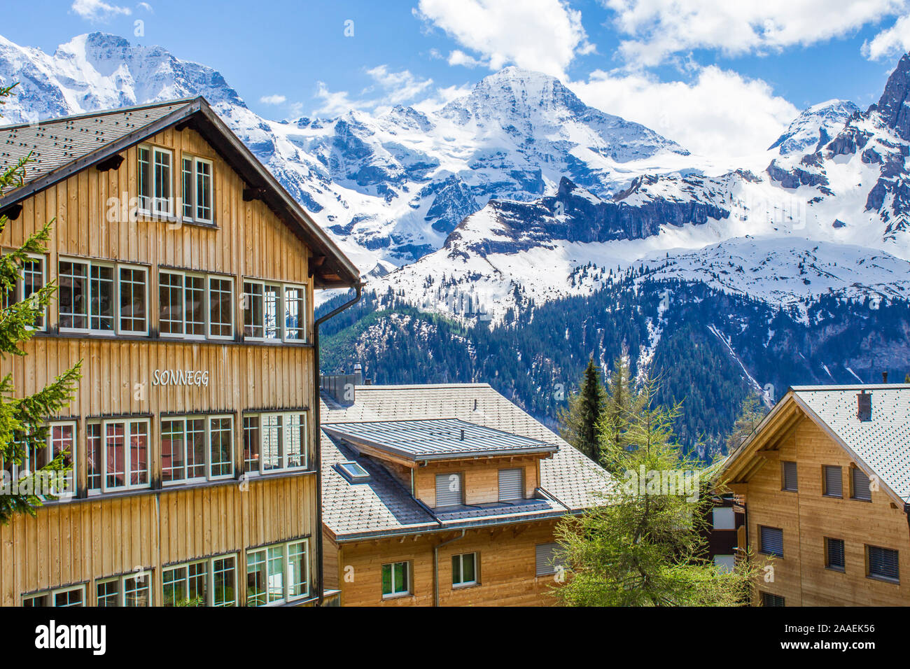 Alpine village. Village Murren in the Swiss Alps. Swiss village in the ...