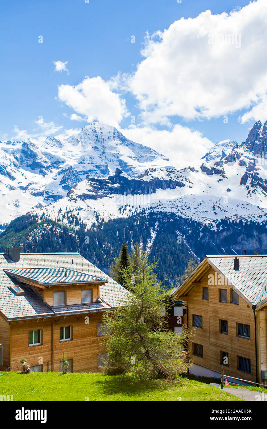 Alpine village. Village Murren in the Swiss Alps. Swiss village in the ...