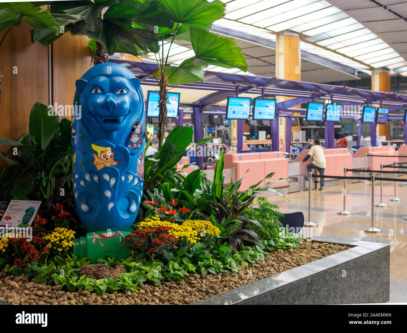 SINGAPORE - 4 OCT 2019 - A blue Merlion statue at the Departure Hall of ...