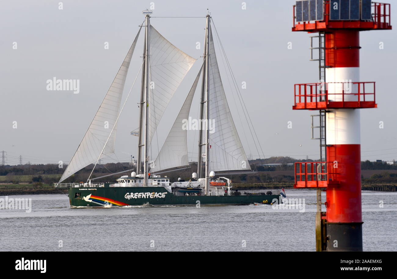 Greenpeace yacht, Rainbow Warrior III is pictured under sail on the ...