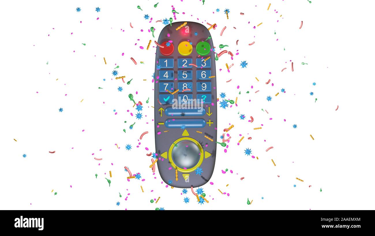 TV remove control covered with germs, bacteria, viruses, microbes ...