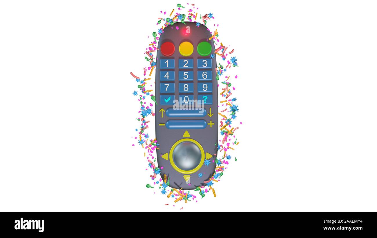 TV remove control covered with germs, bacteria, viruses, microbes ...