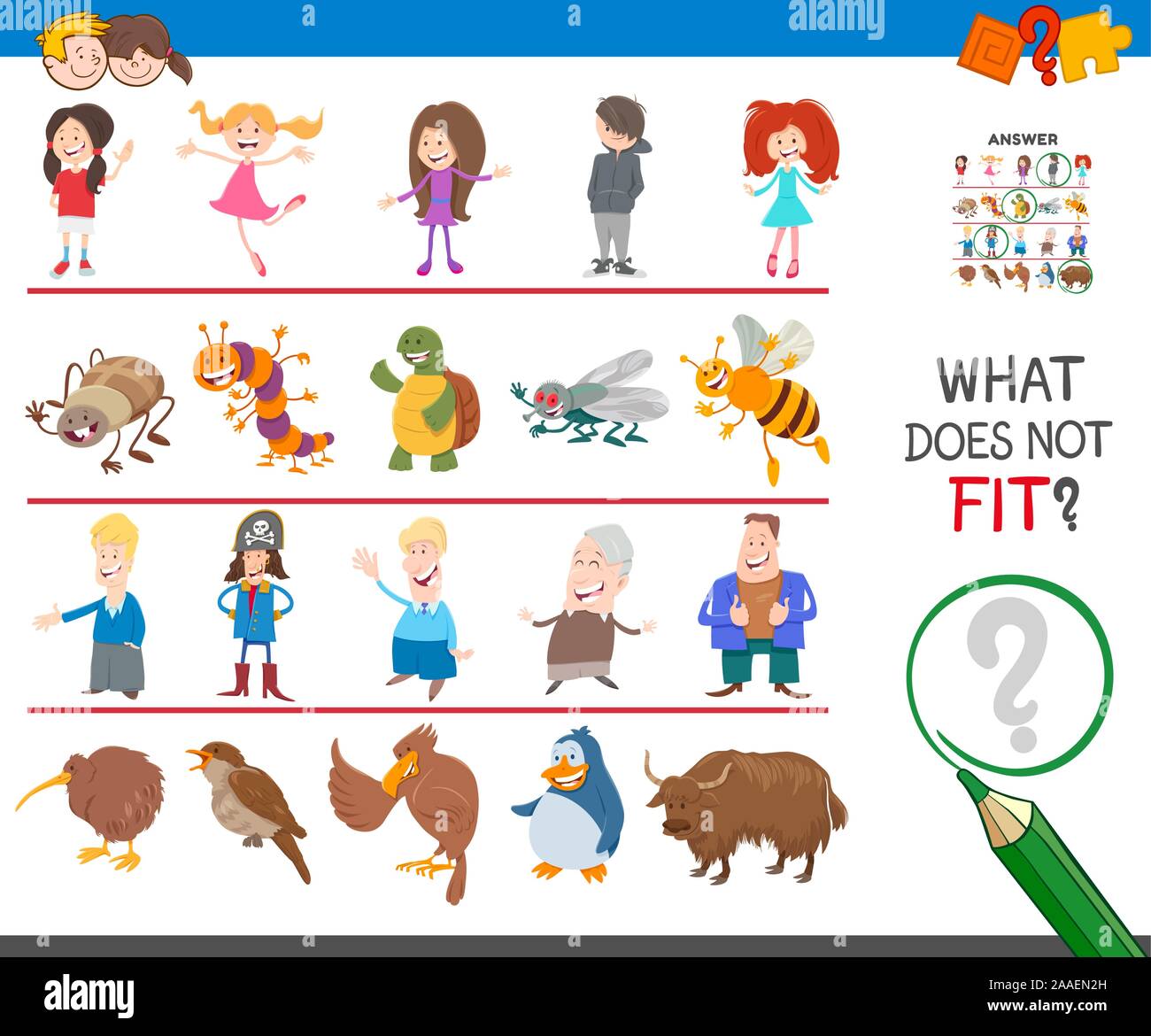 Cartoon Illustration of Finding Picture that does not Fit in a Row ...