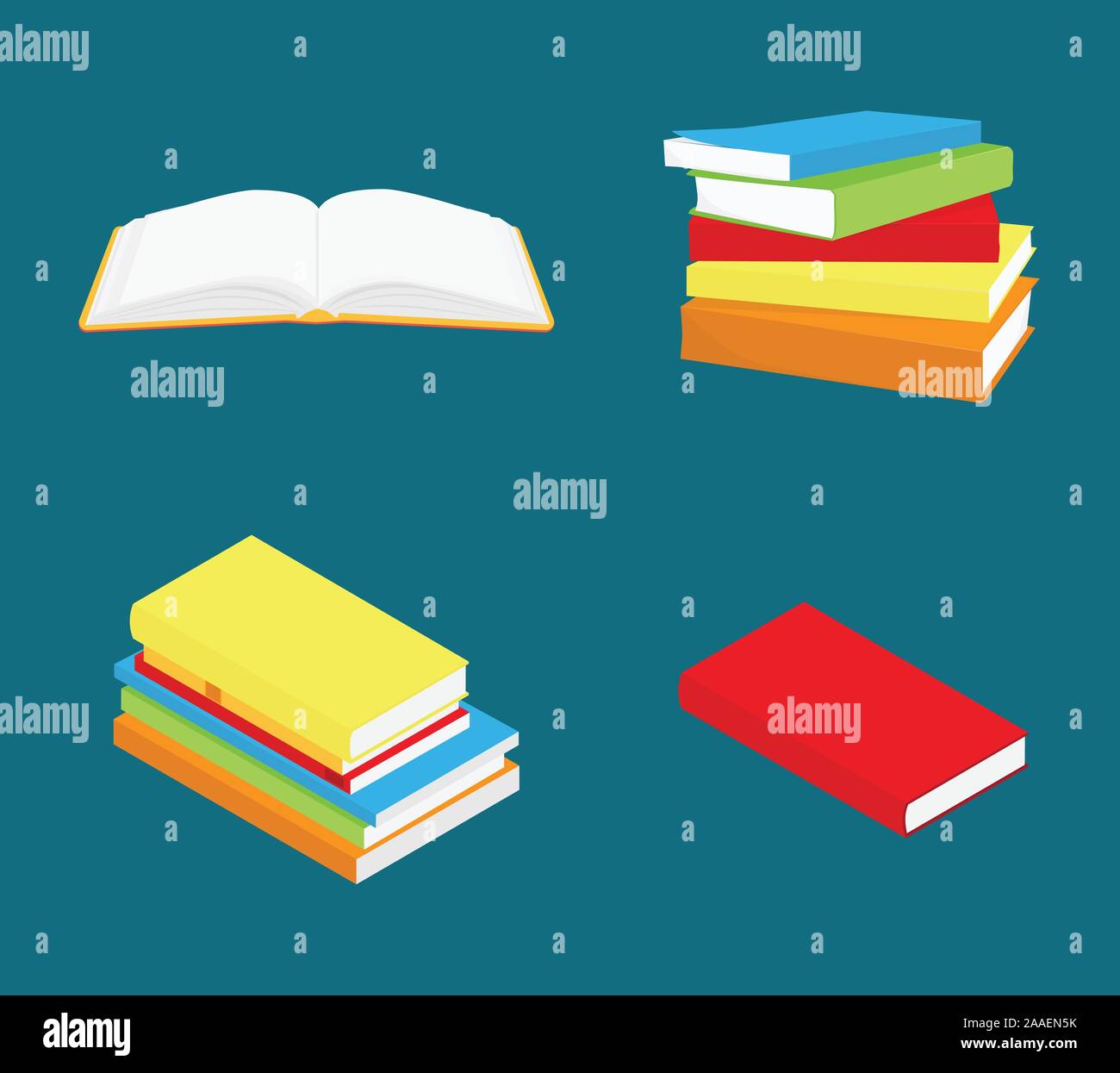 Book icon set. Opened book, closed book, stack of books and pile of ...