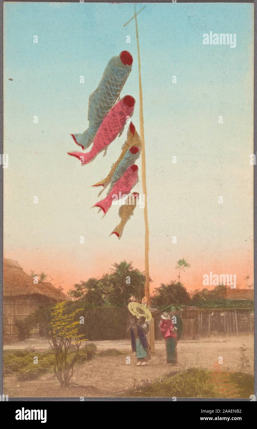 Illustrated postcard of colorful Koinobori, or carp streamers, hoisted ...