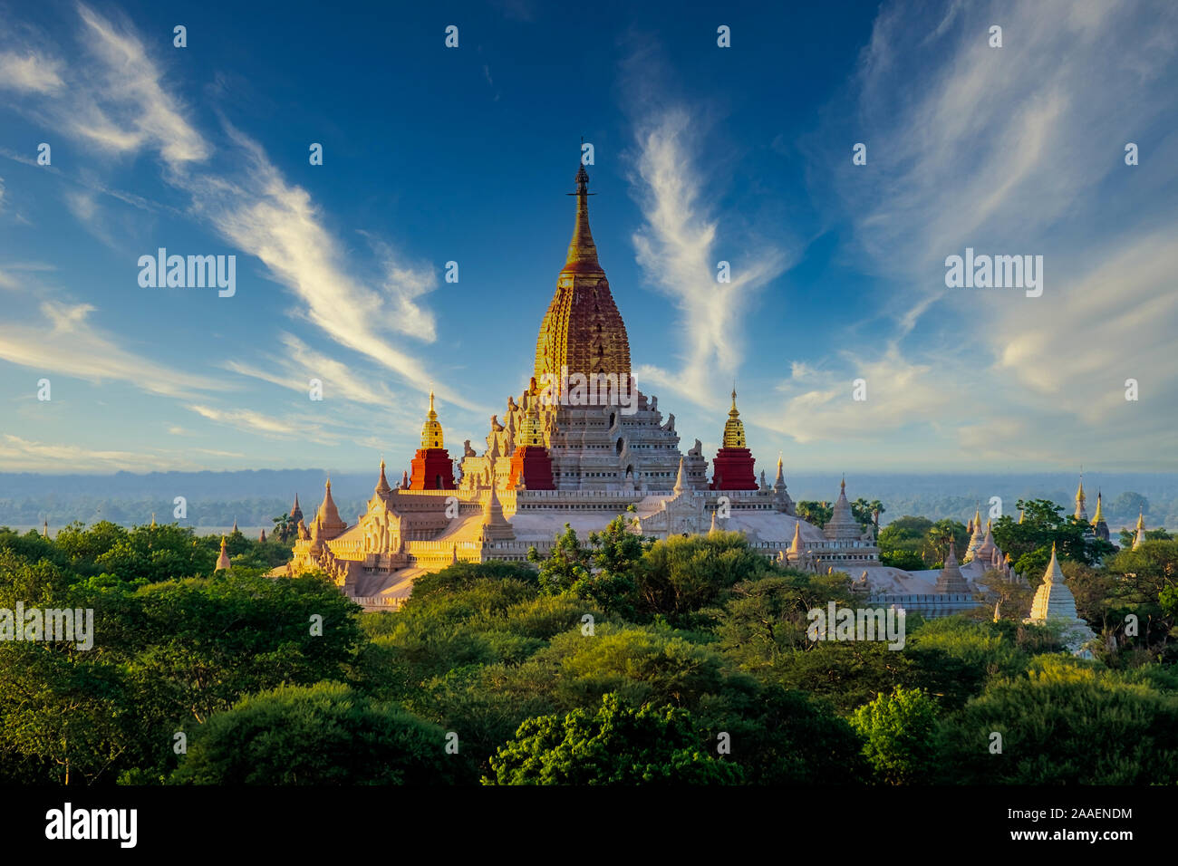Landscape view of buddhist Ananda temple in old Bagan area, Myanmar ...