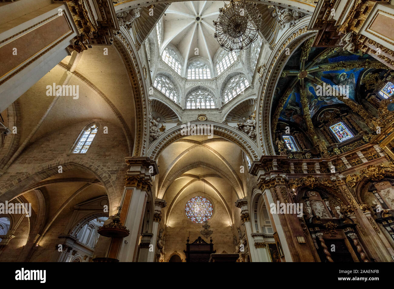 Interior view of Valencia cathedral ( La Catedral) showing the ceiling ...
