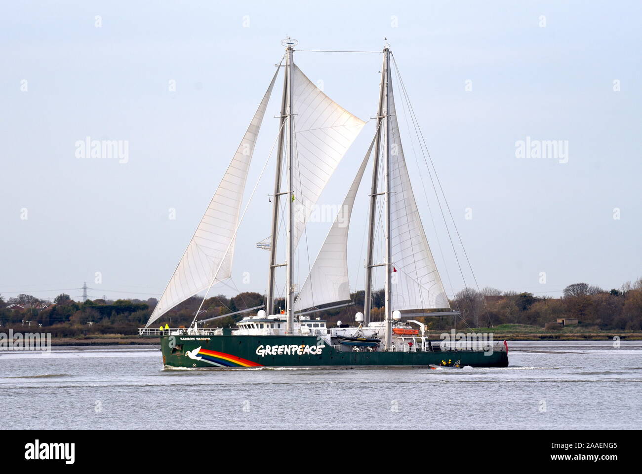 Greenpeace yacht, Rainbow Warrior III is pictured under sail on the ...