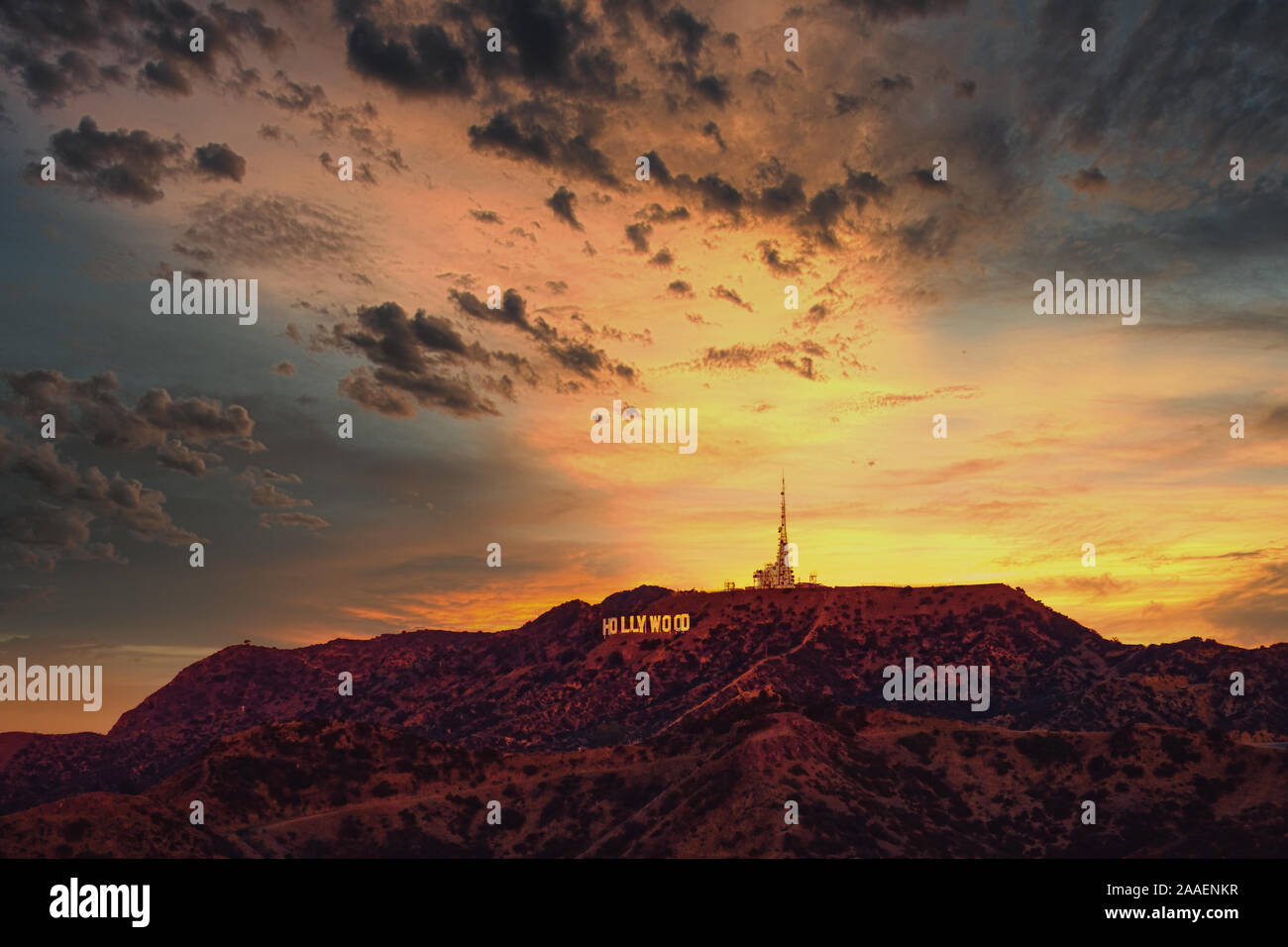Landscape view of hills and Hollywood sign in Los Angeles with dramatic ...