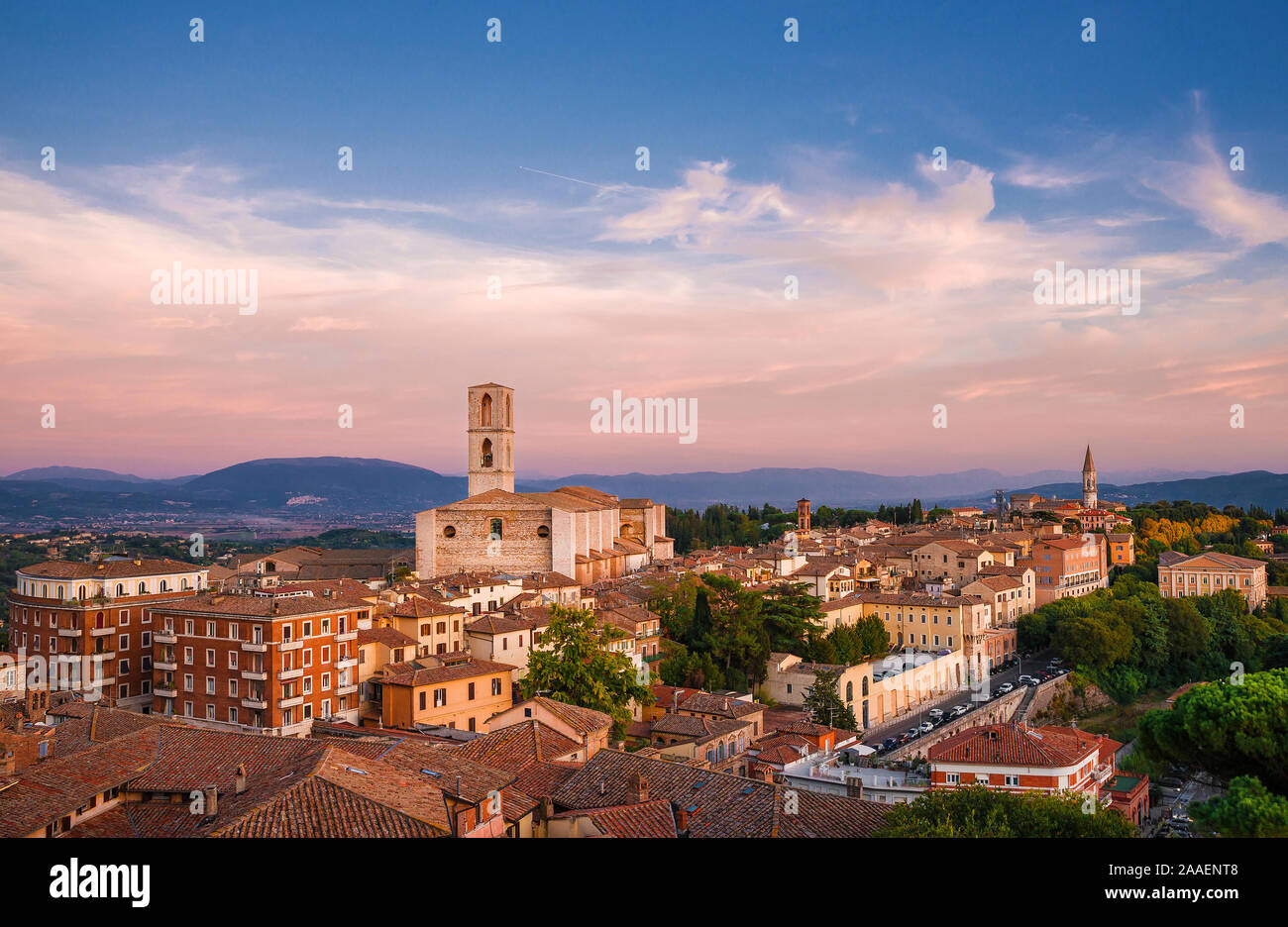 Panoramic view Perugia huge and iconic St Dominic Basilica and Umbria ...